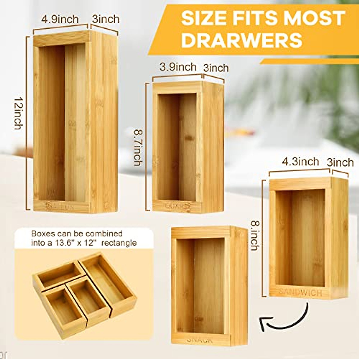 Ziplock Bag Storage Organizer Bamboo Upgraded Zip Lock Bags Container for Drawer, Baggie Dispenser Compatible with Ziploc, Hefty, Solimo, Glad, for Gallon, Quart, Sandwich, Snack & Variety Size Bags