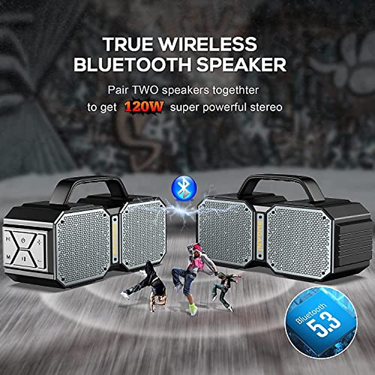 BUGANI Bluetooth Speaker, SHOCKW Portable Bluetooth Speaker, Bluetooth 5.3, Waterproof, Wireless Speakers, 60W Super Power, Outdoor Speaker, Black(New Model)