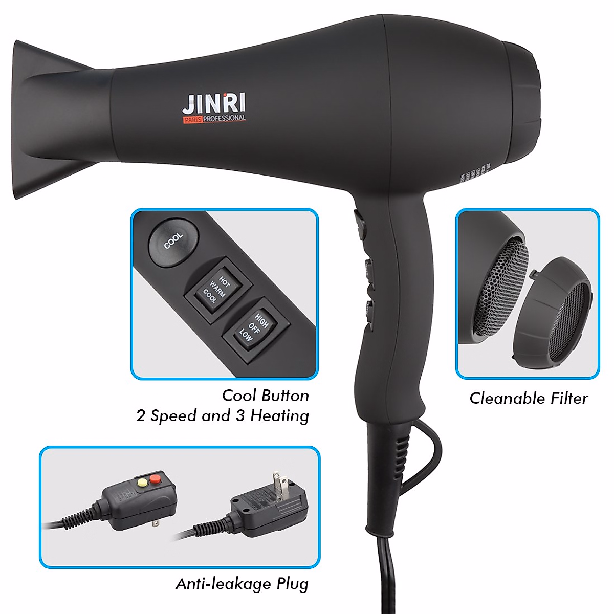 Ionic Infrared Blow Dryer - 1875W Professional Salon Dryer with Diffuser & Concentrator Attachments for Curly Hair, Black (XX-Large)
