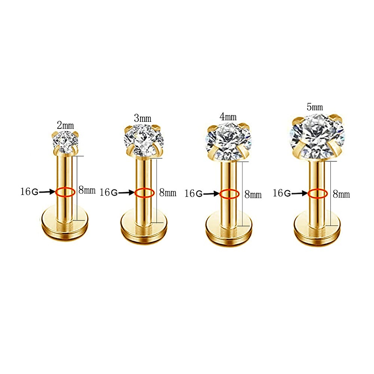 16g CZ Labret Cartilage Tragus Monroe Lip Nose Helix Diamond Studs Earrings for Women Men Stainless Steel Cubic Zirconia Piercing Jewelry 2mm 3mm 4mm 5mm 4 Pairs Set (gold)