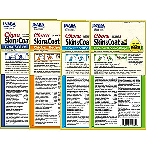INABA Churu Lickable Purée Natural Cat Treats for Skin and Coat with Omega Oils, Taurine and Vitamin E, 0.5 Ounces Each - 4 Flavor Variety Pack (16 Tubes)