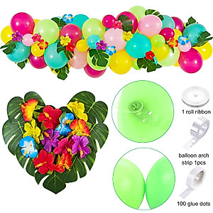 Golray Tropical Luau Party Decorations Hawaiian Summer Beach Pool Birthday Supplies, Grass Table Skirt Aloha Balloon Arch & Pineapple Flamingo Umbrella Cupcake Toppers Straws Palm Tree Leaves Hibiscus