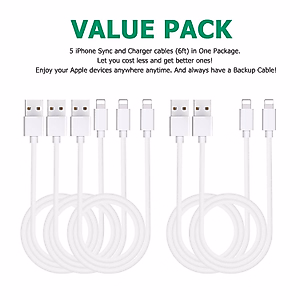 iPhone Charger,Atill Lightning Cable 5Pack 6FT iPhone Charging Cable Cord Compatible with iPhone X 8 8Plus 7 7Plus 6s 6sPlus 6 6Plus SE 5 5s 5c iPad iPod & More (White)