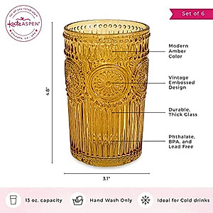 Kate Aspen Vintage Textured Amber Striped Drinking Glasses Set of 6-13 oz Ribbed Glassware with Flower Design | Cocktail Set, Juice Glass, Iced Coffee Cup