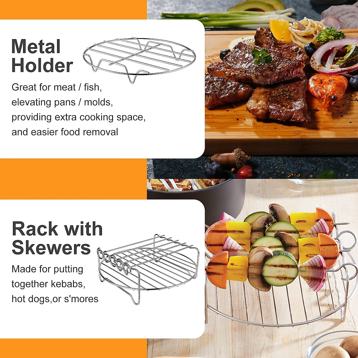 Air Fryer Rack for Air Fryer Oven, Set of 2 Multi-purpose Air Fryer Accessories Metal Double Layer Wire Rack with Skewer for Ninja, Power XL, Cosori, Instant Pot, Gourmia, Chefman, Dishwasher Safe