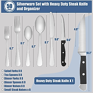 50-Piece Forks and Spoons Silverware Set with Heavy Duty Steak Knife and Organizer, Stainless Steel Flatware Cutlery Set Service for 8, Mirror Polished Kitchen Utensils Set