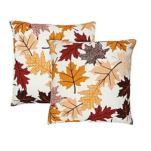 PurpleEssences Autumn Decorations Fall Porch Outdoor Throw Pillow Covers Décor Maple Leaves Farmhouse Cushion Cases 16 x 16 Inch Set of 2 for Home Couch Sofa Patio Bench - Maple Leaves