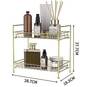2 Tier Bathroom Organizer Countertop with Transparent Liner, Perfume Tray Vanity Makeup Organizers and Storage or Kitchen Spice Rack Corner Countertop Shelf Cosmetic Holder -Gold