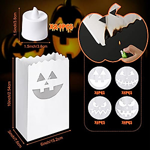 Fainne 24 Pcs Halloween Pumpkin Silhouette Luminary Paper Bags Jack O Lantern Bags Flame Resistant Candle Bag Halloween Candle Holder Bag with 24 Colorful LED Light Pumpkin Tealight for Halloween
