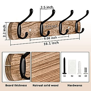 Yoimori Coat Hooks Wall Mount, Wood Coat Hooks Wall Mounted with 4 Wall Hooks, Wall Hangers Coat Rack Wall Mount for Entryway Living Room Bedroom(Carbonized Black)