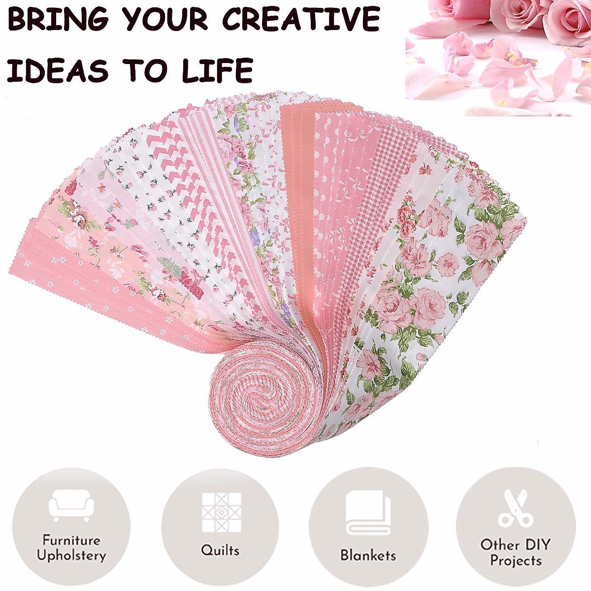 Nodsaw Jelly Roll Fabric Strips for Quilting, Crafting, and Sewing, 42 Strip Assorted Bundle, Soft Cotton for Blanket, Rug, Upholstery, Home Decor, and Purse Making, Pink