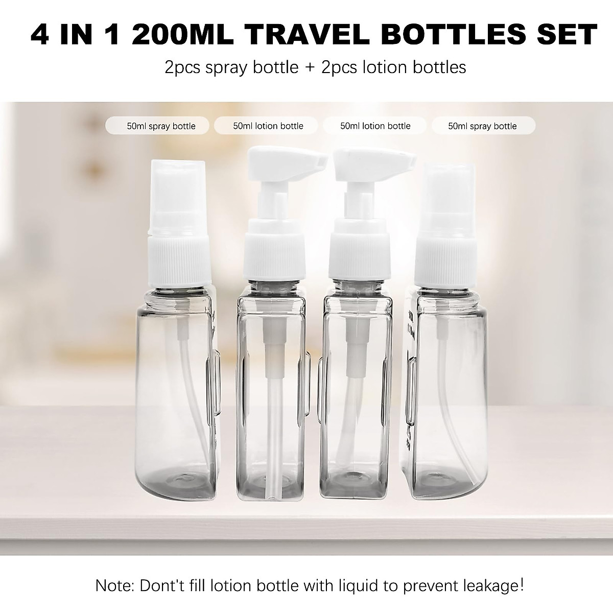 Skycase Travel Bottles, Travel Size Toiletries - Leak Proof Refillable Tsa Approved Travel Bottles, 4 in 1 Travel Containers with Labels Airplane Accessories Kits for Lotion Liquid (Grey)