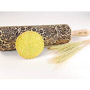 KASHMIR pattern Embossed Rolling Pin. Engraved Dough Roller with Paisley for Embossed Cookies and Pottery by Algis Crafts