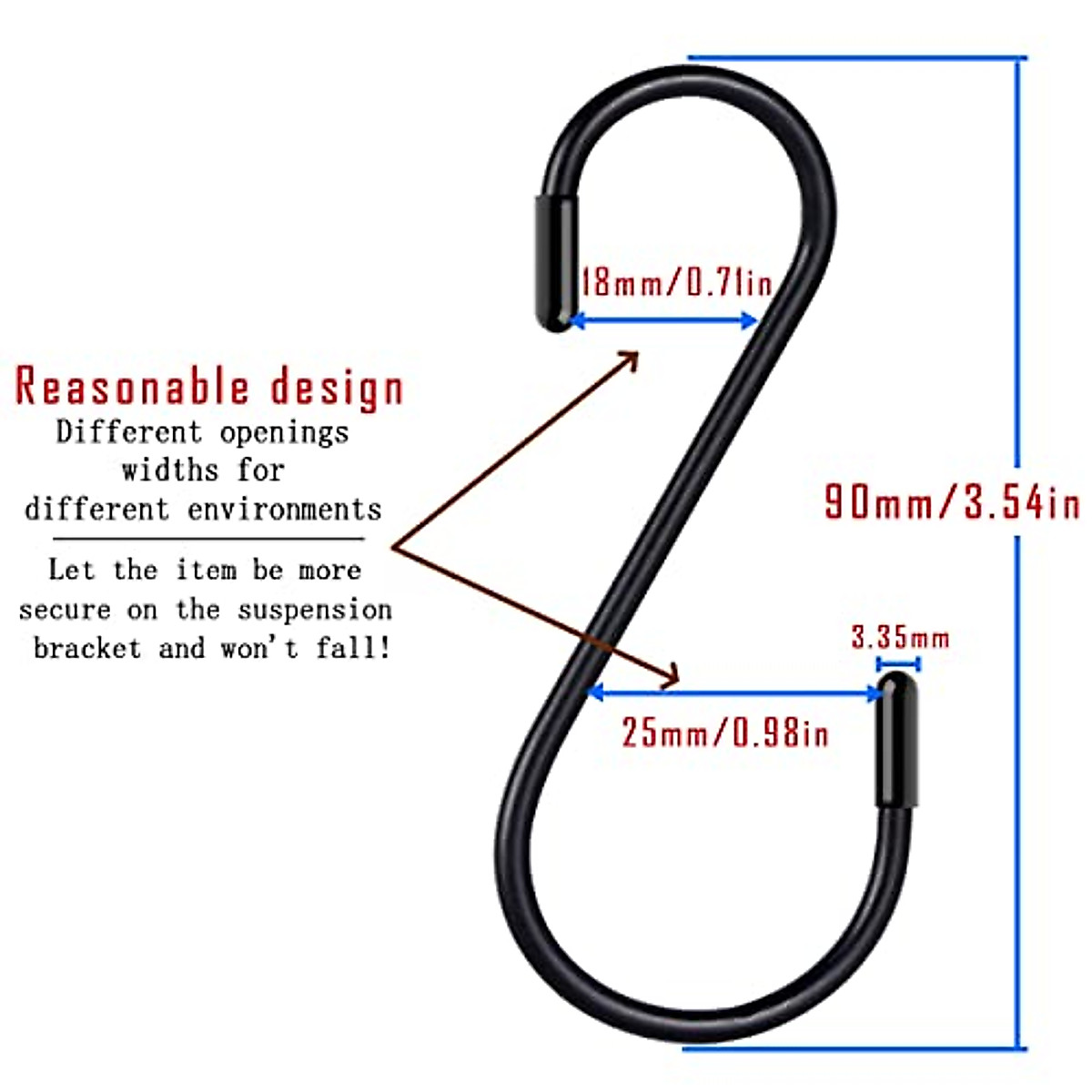 30 Pack S Hooks,3.54 In Matte Black Heavy Duty Metal S Hooks Can with Stand up to 33 pounds,For Kitchen,Office,Garden or Outdoor,S Hooks For Hanging Plants,clothes,Pots Pans,Cups,Bags, jewelry,Towels