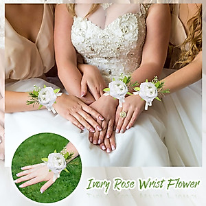 Jexine 12 Pcs Rose Wrist Corsage Wristlet Band Bracelet and Men Boutonniere Set White Flower Corsage Wrist Flowers and Boutonniere Buttonholes for Wedding Flowers Accessories Decor