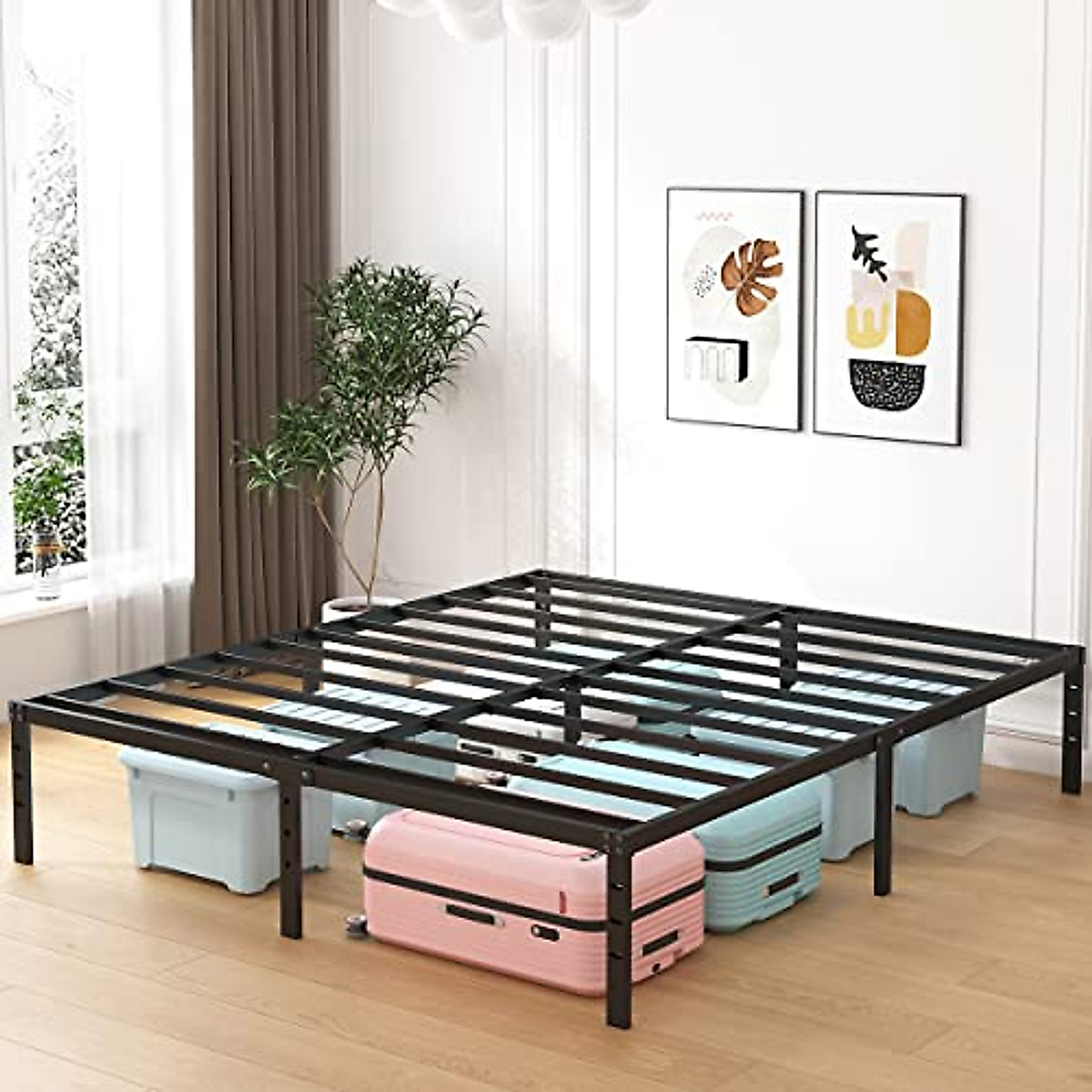 ALDRICH 14 Inch Metal Bed Frame Queen Size - Double Black Basic Anti Squeak Steel Slats Platform, Easy Assembly Heavy Duty Noise Free Bedframes, No Box Spring Needed