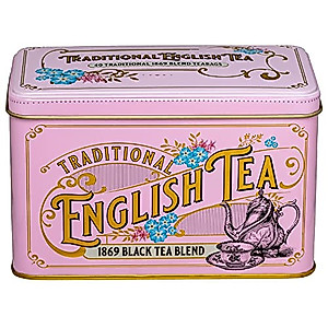 New English Teas Vintage Victorian Tea Tin with 40 Fine 1869 Blend English Teabags (Pink)