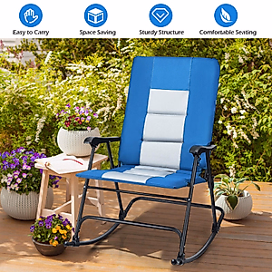 KOTEK Outdoor Rocking Chair, Folding Lawn Chair with Armrests & Padded High Backrest, Rocker Camping Chair for Patio Front Porch Backyard Garden Beach Travel, Supports 350 lbs (1, Blue)