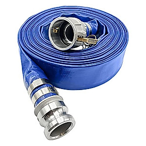 Poolzilla 1.5" x 100' Flat Industrial Blue PVC Backwash Hose with Aluminum Camlock with C & E Fittings, Heavy Duty Reinforced Pump Backwash Hose For Swimming Pools & Spas, 90 PSI Max Pressure