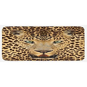 Ambesonne Leopard Kitchen Mat, Predator Animal with Spotty Skin and Angry Expression Wild Fauna, Plush Decorative Kitchen Mat with Non Slip Backing, 47" X 19", Yellow Brown
