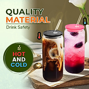 Joyclub 20 oz Glass Cups with Acrylic Lids and Straws 8pcs Can Shaped Glass Iced Coffee Cups with Lids, Drinking Jar Glasses Cute Tumbler Cup Great for Smoothie Soda Boba Tea Cocktail Beer Gift