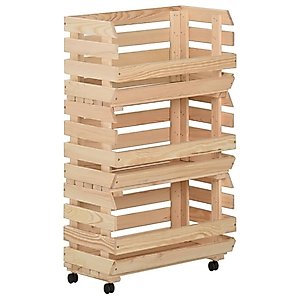 GOLINPEILO Wooden Vegetable Trolley, 3-Tier Wood Kitchen Rolling Cart, Wood Trolley Island Cart, Utility Cart Multi-Layer Storage Shelf Rack on Wheels, 14.6"x11.8"x31.5" Solid Wood Pine -295
