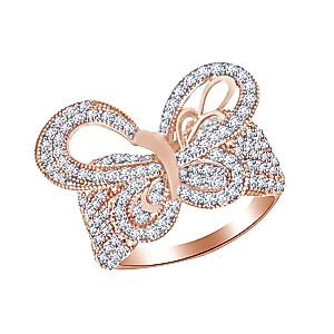 AFFY Round Cut White Cubic Zirconia Butterfly Fashion Ring in 14k Rose Gold Over Sterling Silver (2.19 Cttw) Ring Size-7