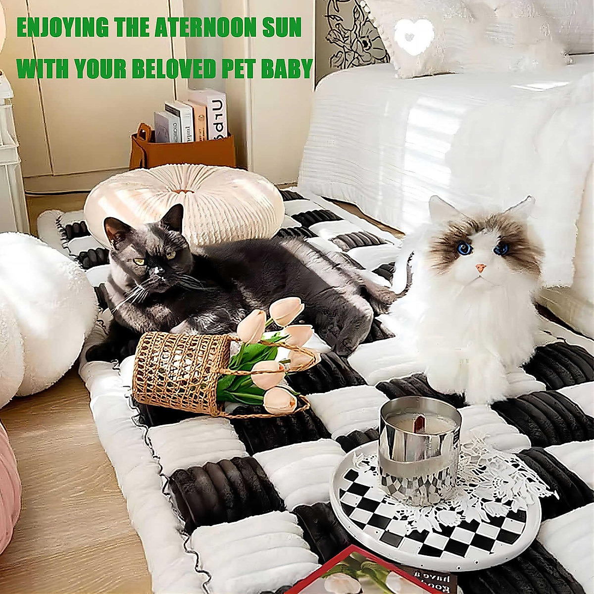 Pet Sofa Cover Bed Mat, Large Plaid Square Couch Cover - Cream-Coloured Non-Slip Furniture Floors Protector for Dog, Cat - Funnyfuzzy Mattress Protector