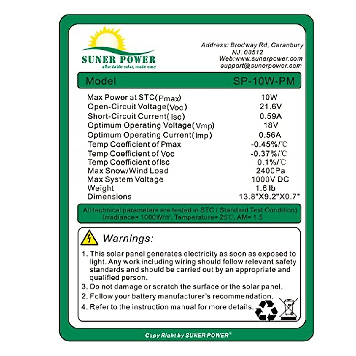 SUNER POWER 10 Watt Solar Panel Powered Charger Kit + + Tubular Mount Bracket for Automatic Gate Opener, Electrical Fence, etc