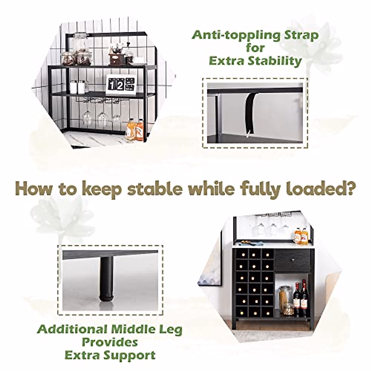 LOKO Bar Cabinet, Wine Storage Cabinet with Detachable Glass Holder and Racks, Kitchen Bakers Rack with Wine Rack, 31 x 16 x 64 inches (Black)