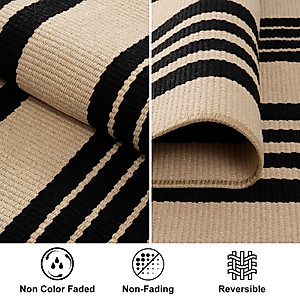 LEEVAN Outdoor Door Mat 2.3'x3.6', Washable Entryway Rug Reversible Indoor Outdoor Entrance Mat, Low Profile Black and Tan Striped Rug, Cotton Woven Porch Mat Non-Shedding Kitchen Foyer Rug