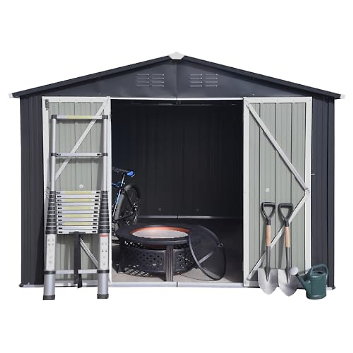 Goohome 8x10 FT Sheds & Outdoor Storage,Sturdy Metal Galvanized Steel Garden Storage Shed W/Lockable Sliding Doors,Built-in-Handles,Shutter Air Vents,Waterproof Spacious Utility Tool Storage Bike Shed