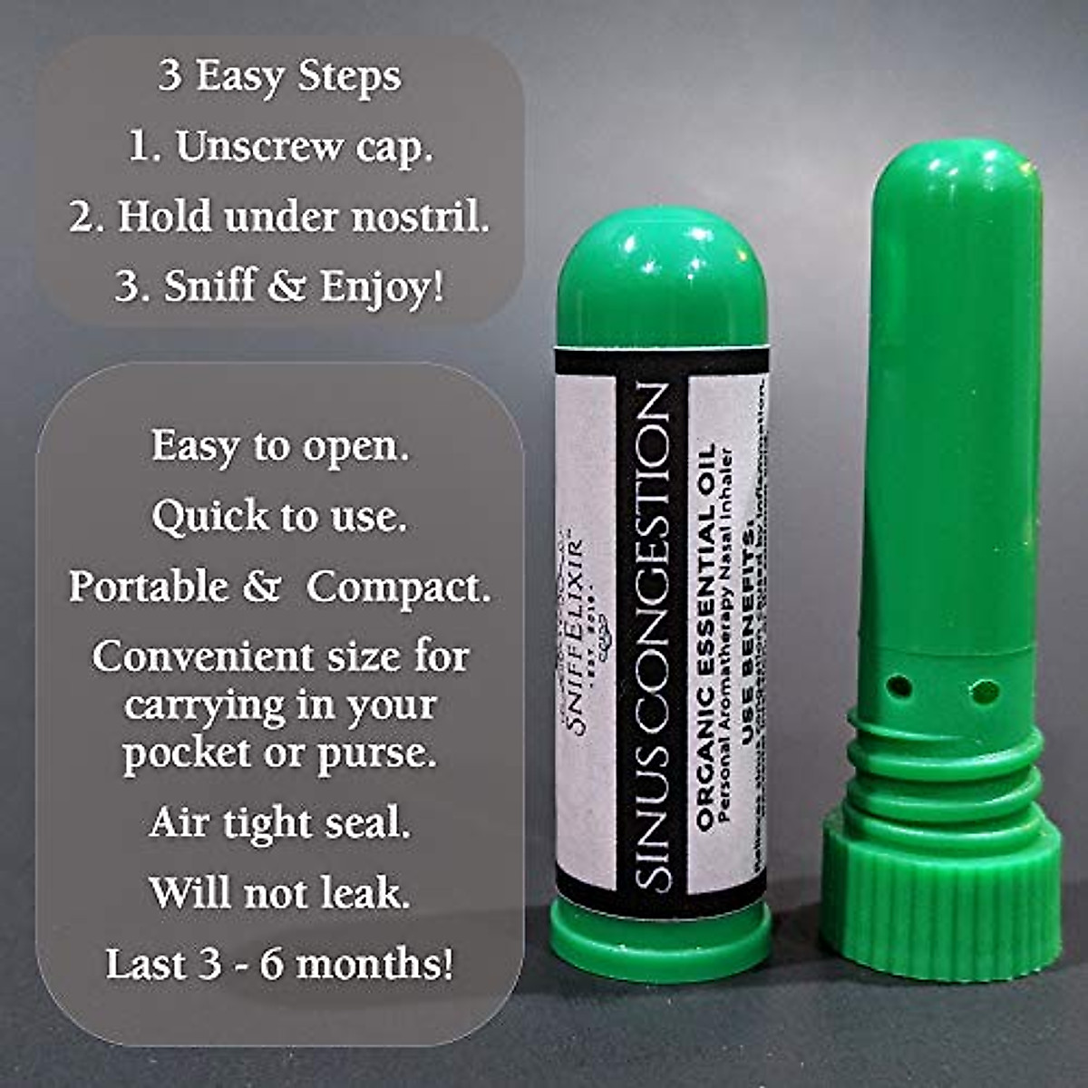 Sinus Relief Aromatherapy Nasal Inhaler - Relieves Severe Congestion, Pressure, Pain, Stuffy Nose - Open Sinuses & Breathe Right - Undiluted Organic Essential Oil Blend Diffuser Sniffer Stick