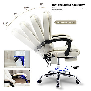 Belandi Massage Office Chair, Ergonomic Executive Computer Chair w/Foot Rest, PU Leather Executive Office Chair w/Heated, Padded Armrest, High Back Swivel Recliner for Office Home Study (White)