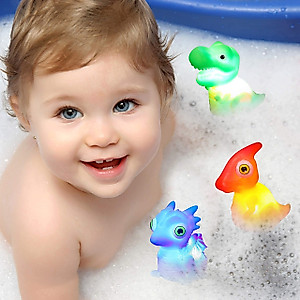 JOYIN 8Pcs Light Up Dinosaur Toys, Baby Bath Toy, Toddler Flashing Colourful LED Bathtub Toy, Bathtime Floating Soft Rubber Toy for Infant Boy Girl Birthday Gift Swimming Pool Party Favors Age 1 2 3