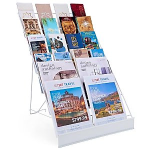 Displays2go Wire Magazine Rack with 6 Open Tiers, Holds Both Magazines and Brochures, Includes Sign Channel at the Front - White Wire