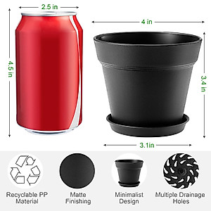 FHWTY 6 Pack Plastic Plant Pots with Drainage Holes and Tray, 4 inch Thickened Indoor Planters Seedlings Nursery Pots for Flowers, African Violet, Succulent and All House Plants, Black