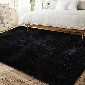 GlowSol Shaggy Area Rug 9×12 Large Fluffy Rugs Shaggy Rug for Living Room Thick Furry Rugs Ultra Soft Fuzzy Rug Non Slip Faux Fur Area Rug, Black 9x12