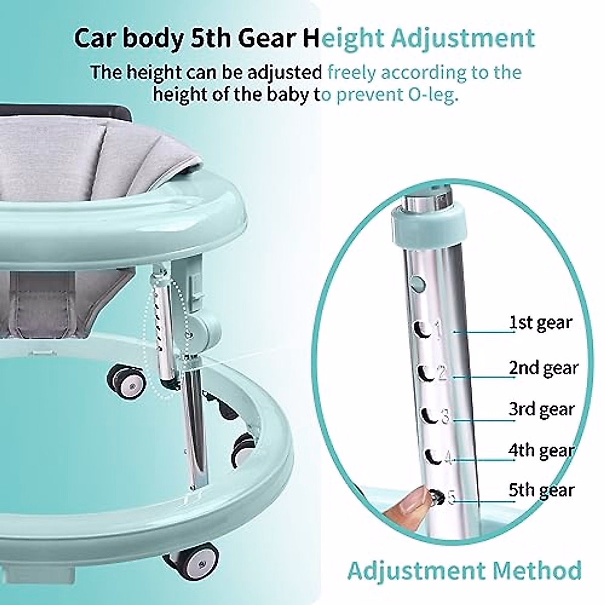 Baby Walker with Wheels, Activity Center with Mute Wheels Anti-Rollover, 5-Position Height Adjustable Foldable Baby Walker for Boys and Girls from 6-18 Months with Footrest