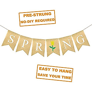 FAKTEEN Spring Burlap Banner with Flower for Mantel Fireplace Home Decor Garland Spring Themed Party Decorations Indoor Outdoor Hanging Bunting Photo Backdrop