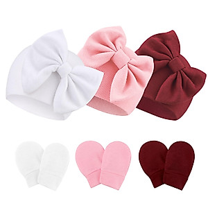 Newborn Baby Bow Hats and Mittens Hospital Hat Beanie Infant Caps Baby Cotton No Scratch Mittens Set for 0-6 Months