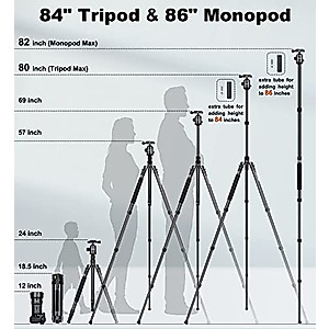 Camera Tripod, 80/84 inches Heavy Duty Tripod for Camera and Phone, 82" Camera Monopod Tripod, DSLR Binoculars Spotting Scope Camcorders Video Tripod Stand, 360 Degree Ball Head, 35 lbs Loads