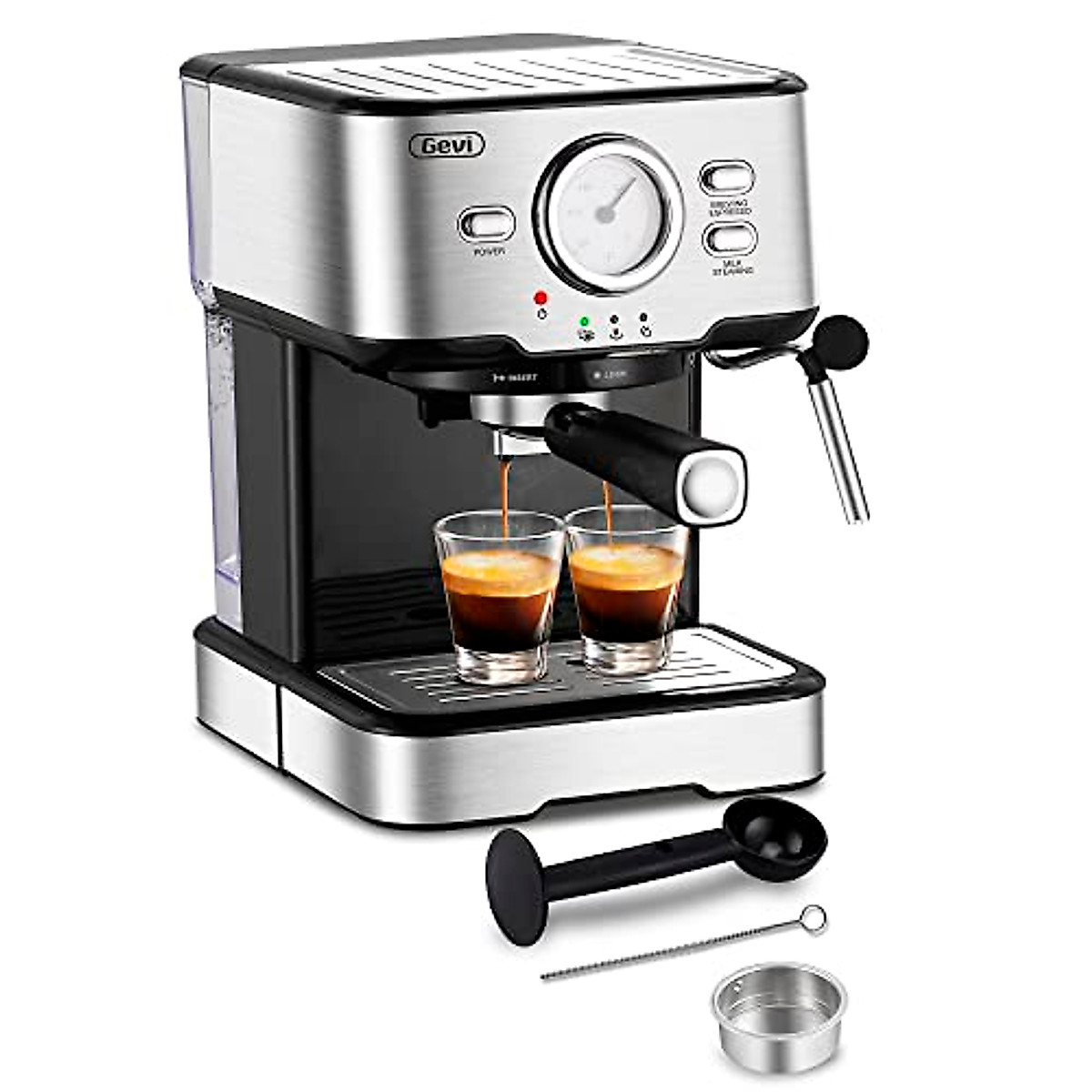 Gevi Espresso Machine 15 Bar Pump Pressure, Cappuccino Coffee Maker with Milk Foaming Steam Wand for Latte, Mocha, Cappuccino, 1.5L Water Tank （Tibetan Black）