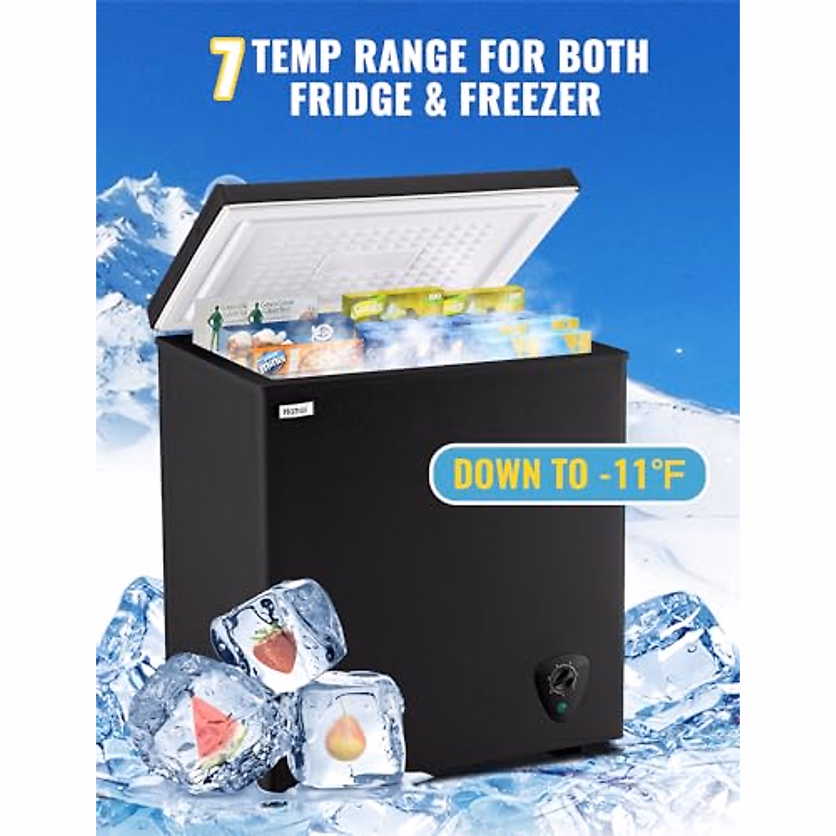 Chest Freezer 5.0 Cubic Feet Small Black Deep Freezers WANAI Mini Compact Home Machine 7 Thermostat Removable Basket Garage Dorm Apartment Kitchen Business