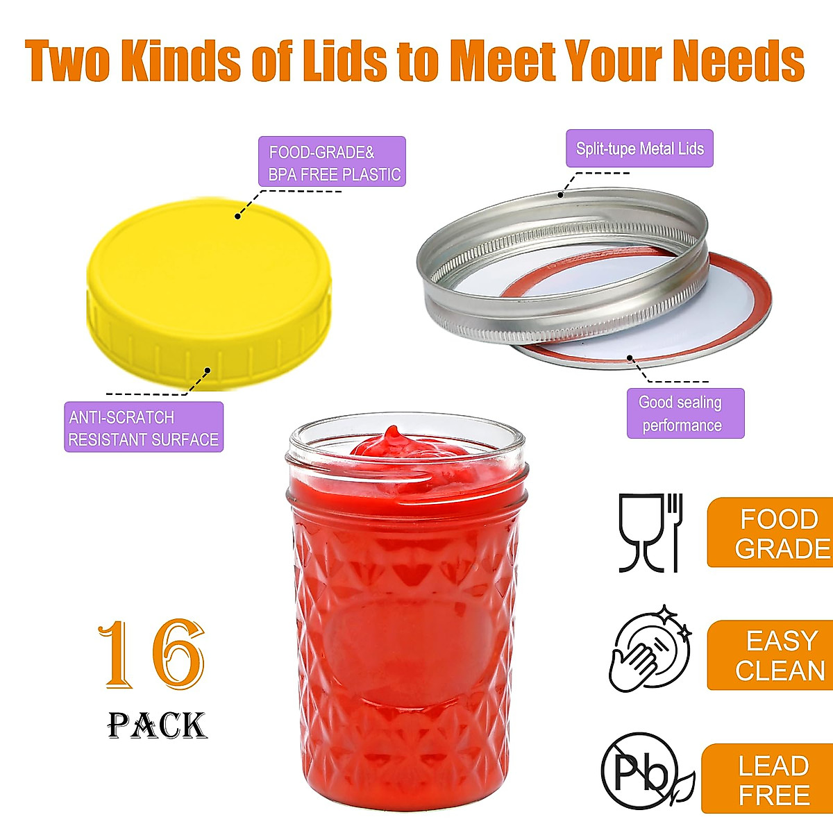 COMUDOT 16 Pack Mason Jars,8 oz Canning Jars Glass Jars With Lids,Small Mason Jars Suitable for Jelly,Jam,Honey,Wedding Favors, Shower Favors