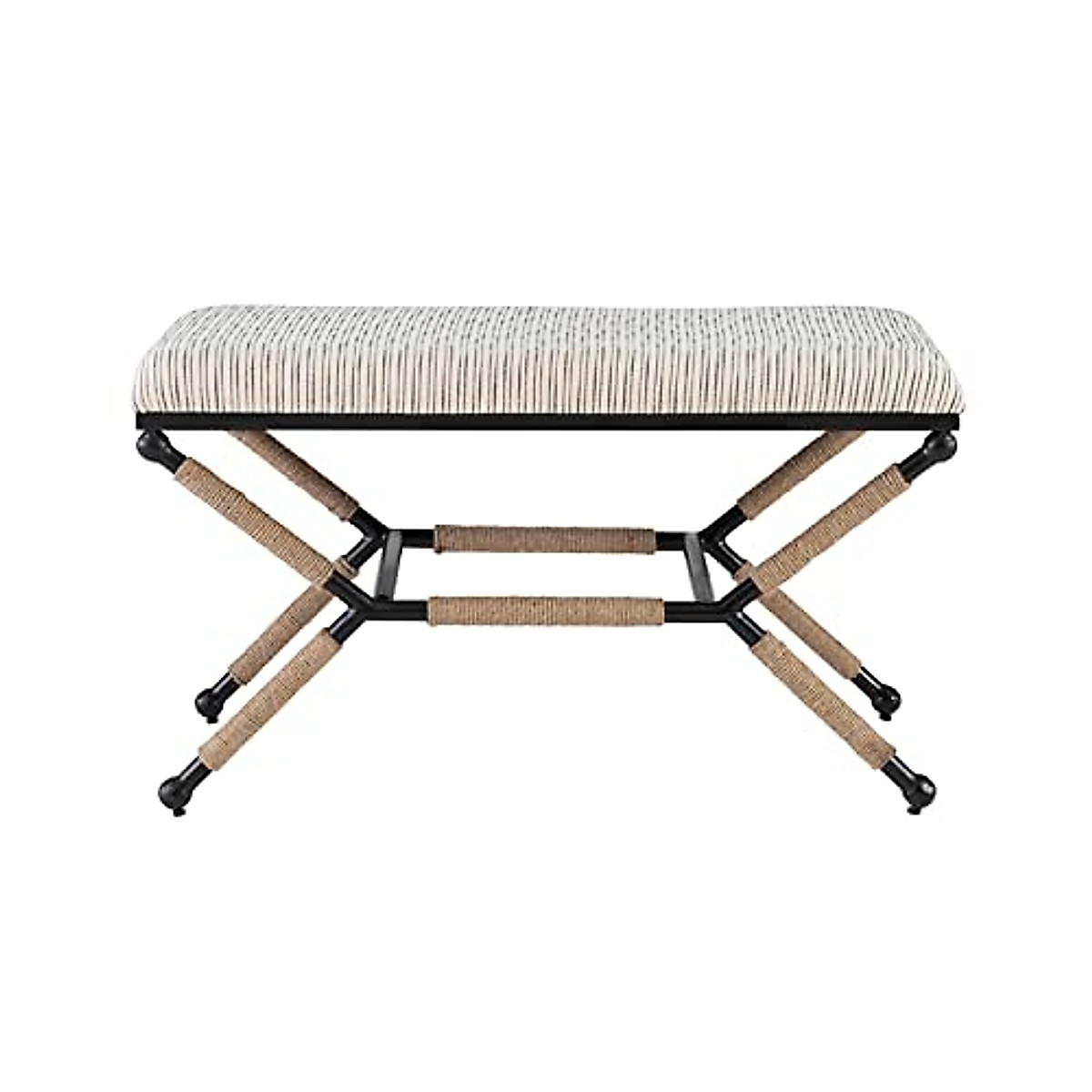 Linon Anna Campaign Accent Bench Metal Legs with Rope Detail in Cream Stripe