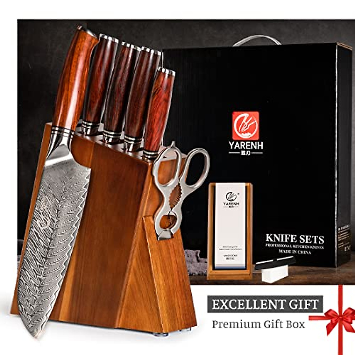YARENH Kitchen Knife Set with Block, 8 Piece, Sharp Professional Chef Knife Set, 73 Layers Japanese Damascus High Carbon Stainless Steel, Full Tang Sandalwood Handle, Gift Box