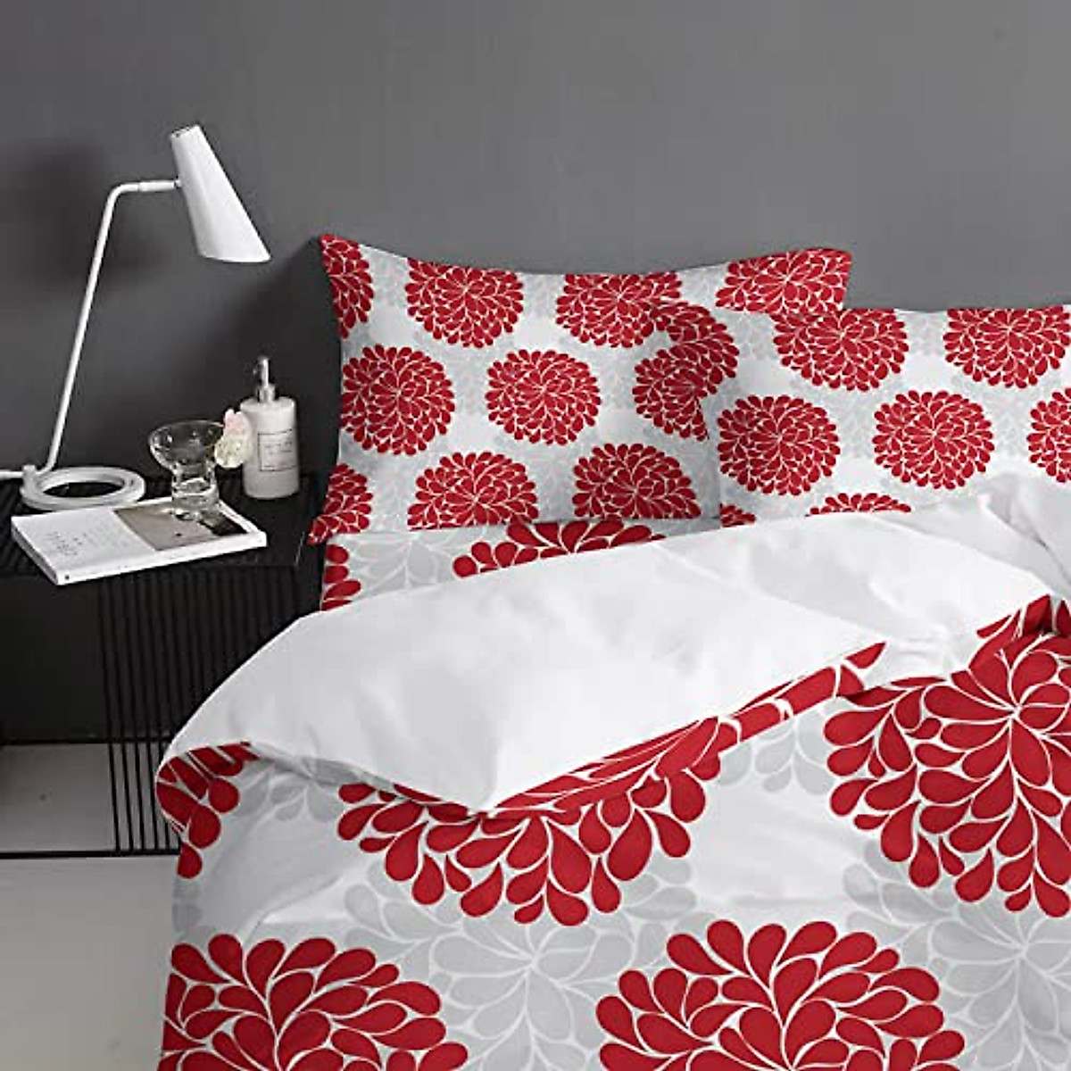 Red Dahlia Bed Bedding 4 Piece Comforter Set - Duvet Cover Set Queen Size Premium with Zipper Closure Ultra Soft, 4 Piece-1 Microfiber Duvet Cover Matching,2 Pillow Shams,1 Fitted Sheet