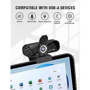 Full HD Webcam with Built-in Microphone and Rotatable Tripod, 1080P Video and Wide Angle Camera, Privacy Cover, for Desktop PC or Laptop Computer (Webcam with USB Cable)