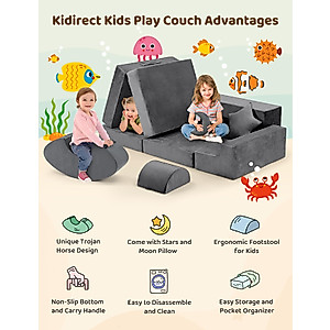 Modular Kids Play Couch, Kidirect K12 PRO DIY 400+ Creative Kids Couch for Playroom, Upgraded Play Couch Convertible Rocking Horse, Sectional Kids Sofa Couch with Star Moon for Kids and Toddlers(Grey)